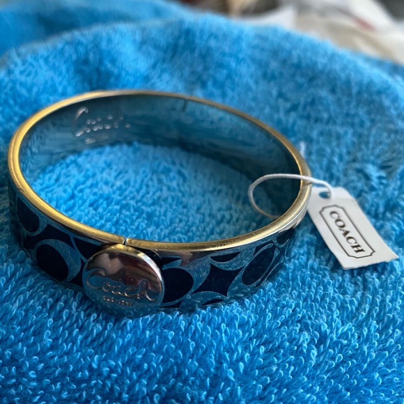 Coach | Jewelry | Coach Silver And Black Hinged Bangle Bracelet | Poshmark